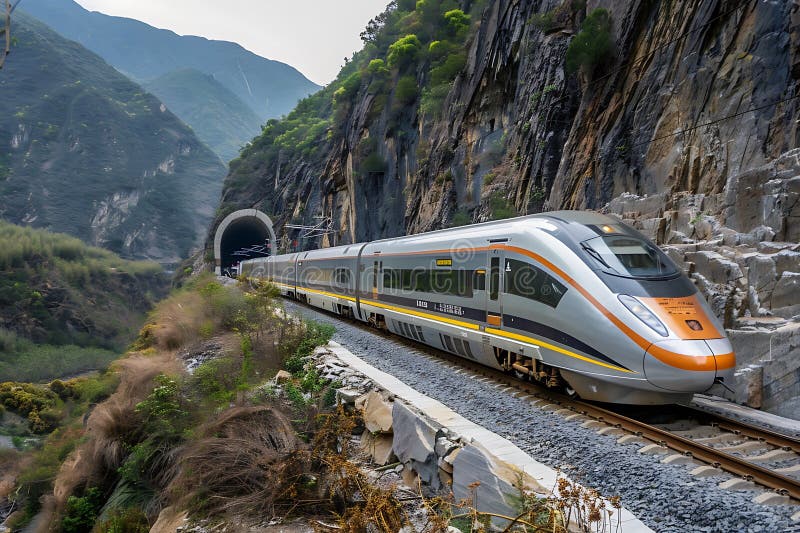 Spectacular View of a Train Passing through a Large Mountain Tunnel ...