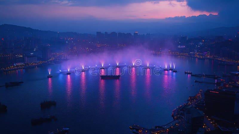 Spectacular Water Fountain Show at Twilight Stock Illustration ...
