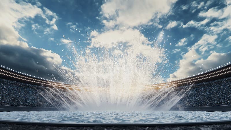 Spectacular Water Splash Display at Sunset in Large Outdoor Stadium ...
