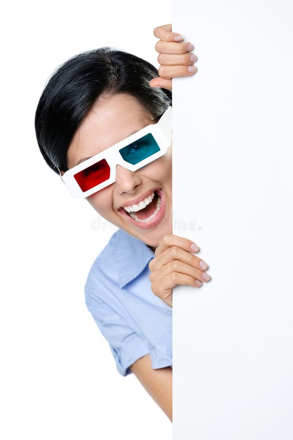 Spectator in 3D Spectacles Peeps Out from Behind the Copyspace Stock ...