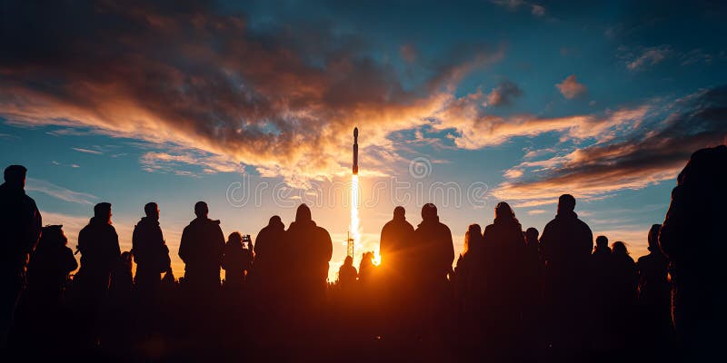 Spectators from Far Away Watch a Rocket Launch into Space at Sunset ...