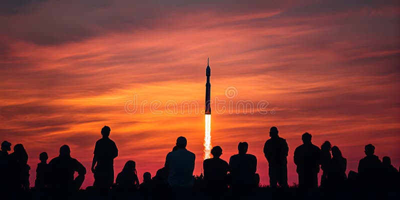 Spectators from Far Away Watch a Rocket Launch into Space at Sunset ...