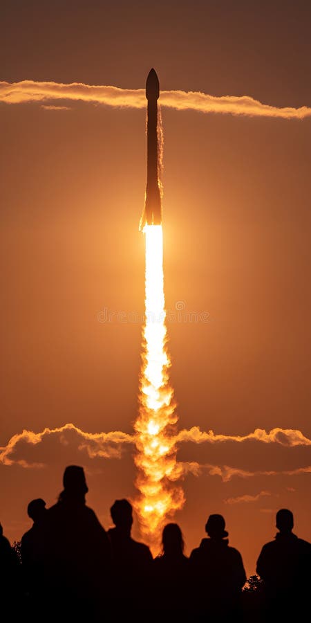 Spectators from Far Away Watch a Rocket Launch into Space at Sunset ...