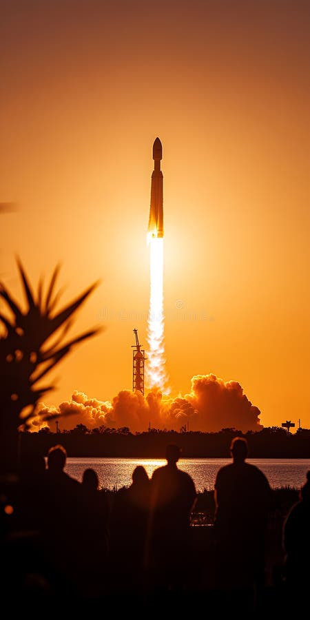 Spectators from Far Away Watch a Rocket Launch into Space at Sunset ...