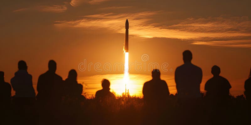 Spectators from Far Away Watch a Rocket Launch into Space at Sunset ...