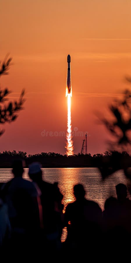 Spectators from Far Away Watch a Rocket Launch into Space at Sunset ...