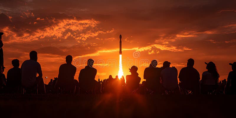 Spectators from Far Away Watch a Rocket Launch into Space at Sunset ...