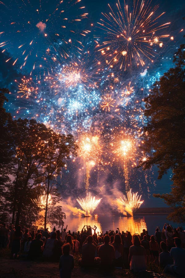 Spectators Watching a Stunning Fireworks Display by a Lakeside, Perfect ...