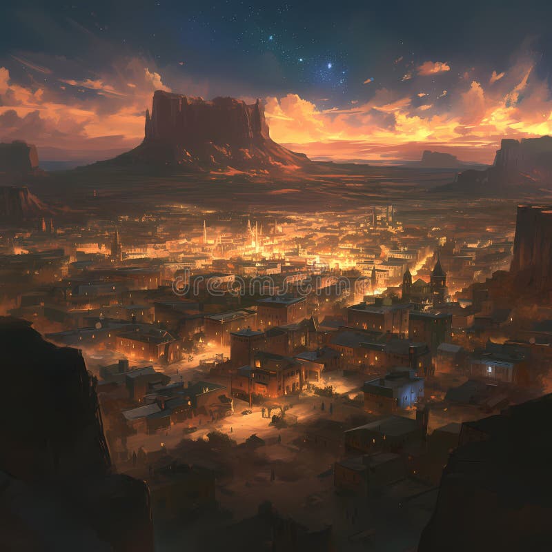 Spectral Ghost Town Twilight Panorama Stock Illustration - Illustration ...