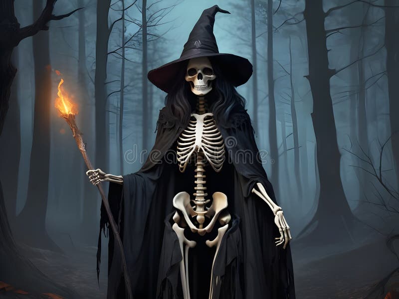 Spectral Skeleton Witch Glowing in Enchanted Forest Stock Illustration ...