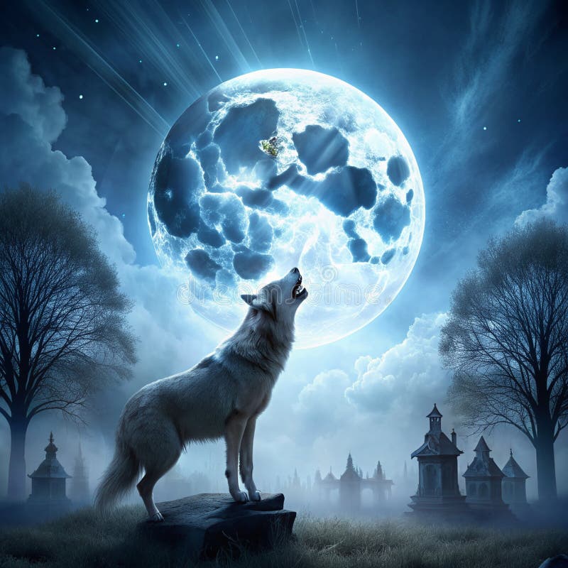 A Spectral Wolve Howling in a Graveyard at the Moon and a Full Moon in ...