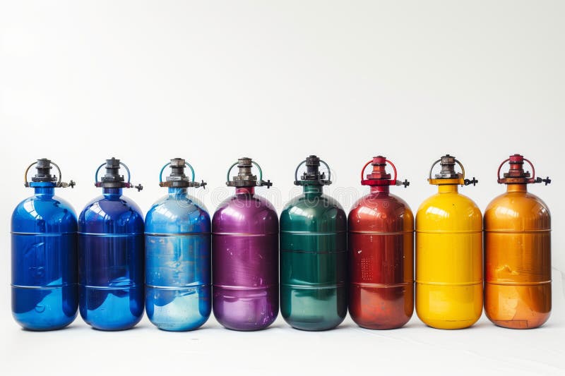 A Spectrum of Color: Propane Tanks Arranged in a Rainbow Hues Stock ...