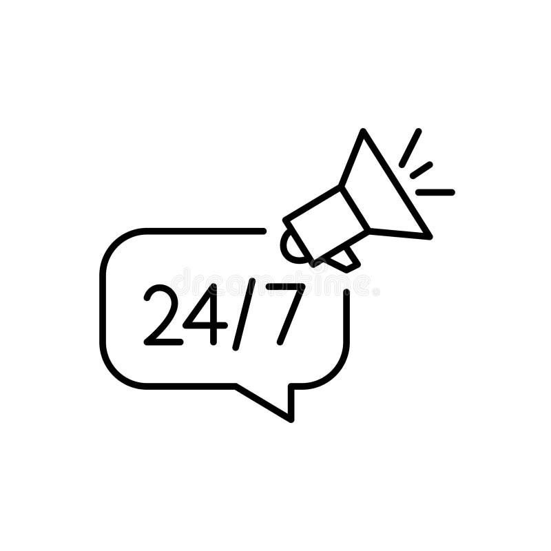 Speech Bubble with 24 7 Clock and Megaphone. Non Stop Communication ...