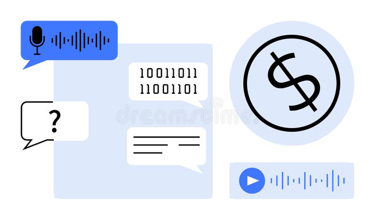 Conversational Interface with Voice, Binary Code, and Money Icon Representing Tech and Financial ...