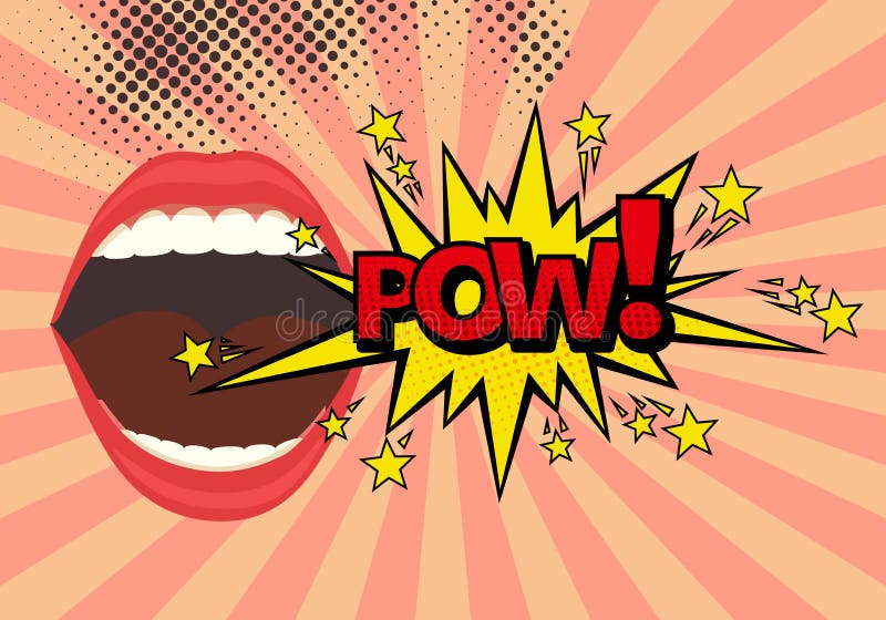 Speech Bubble with Woman Lips in Pop-Art Style. Pow Sound Text. Stock ...