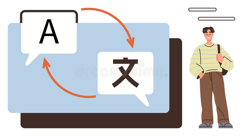 Language Translation Concept with Speech Bubbles, Arrows, and Young Man ...