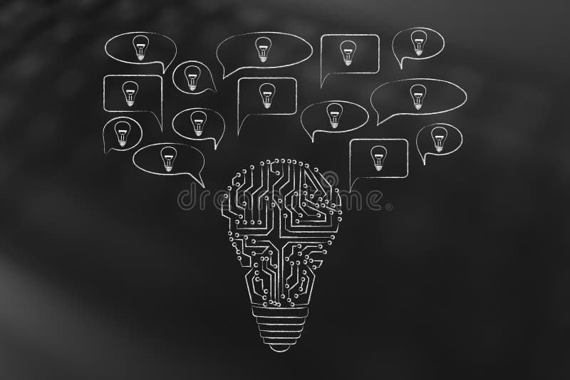 Speech Bubbles Popping Out of a Light Bulb Made of Microchips Stock ...