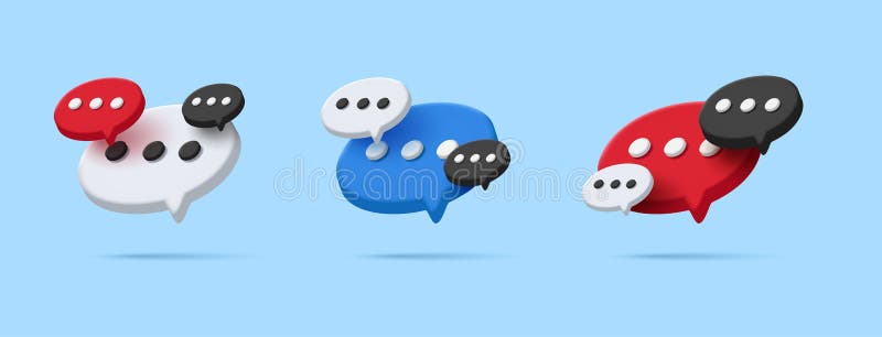 Speech, Communication, Dialogue Bubbles Front View and Perspective, 3d Render Rounded Icon Set ...