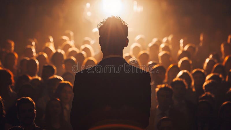 Speech in Progress: Man Addressing the Crowd in a Formal Hall Stock ...
