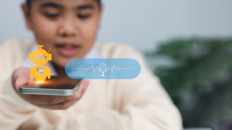 Speech Recognition, Voice Command, and Artificial Intelligence Technology. Young Boy Speaking To ...