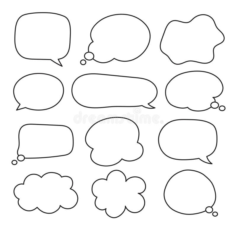 Speech Symbol Hand Drawn Talk and Thinking. Bubble with Clouds Thin Line Set Stock Vector ...