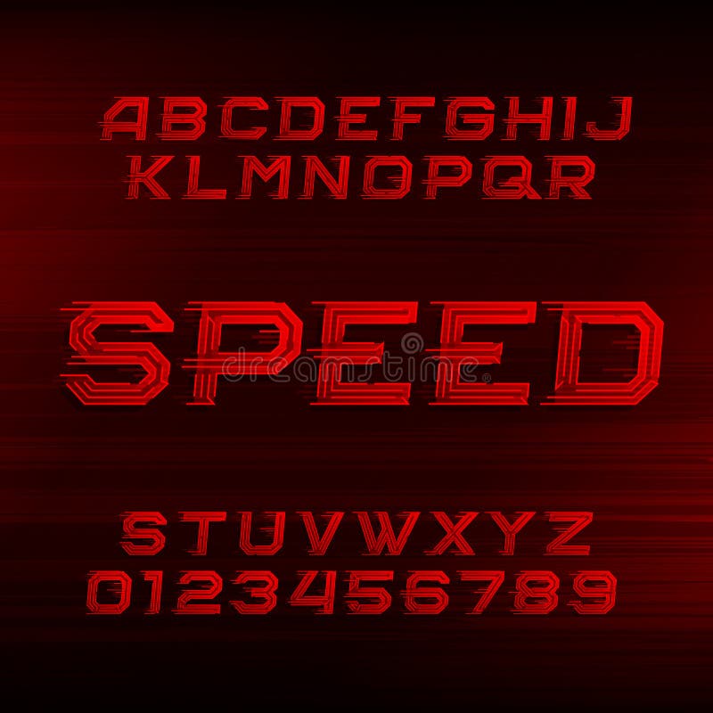Speed Alphabet Font. Oblique Dynamic Red Letters and Numbers. Stock ...