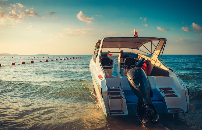 Speed Boat at the Sea Beach and Sunset Stock Image - Image of outdoors ...