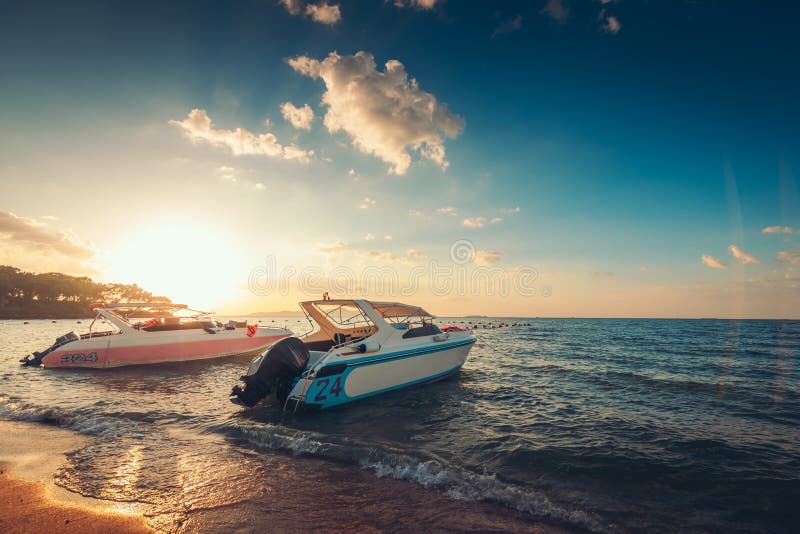 Speed Boat at the Sea Beach and Sunset Stock Photo - Image of water ...