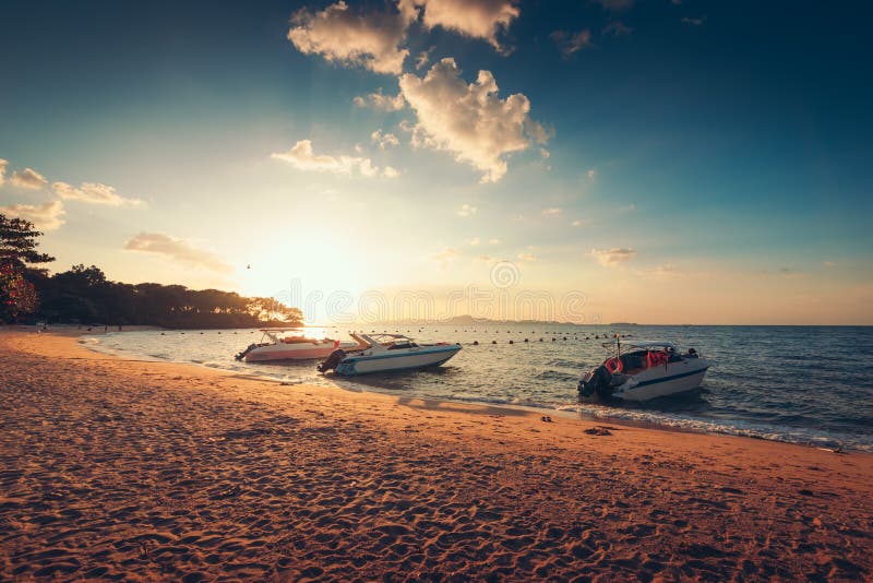 Speed Boat at the Sea Beach and Sunset Stock Photo - Image of boat ...