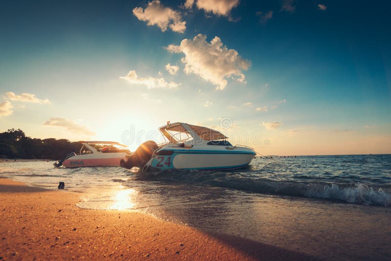 Speed Boat at the Sea Beach and Sunset Stock Image - Image of outdoors ...