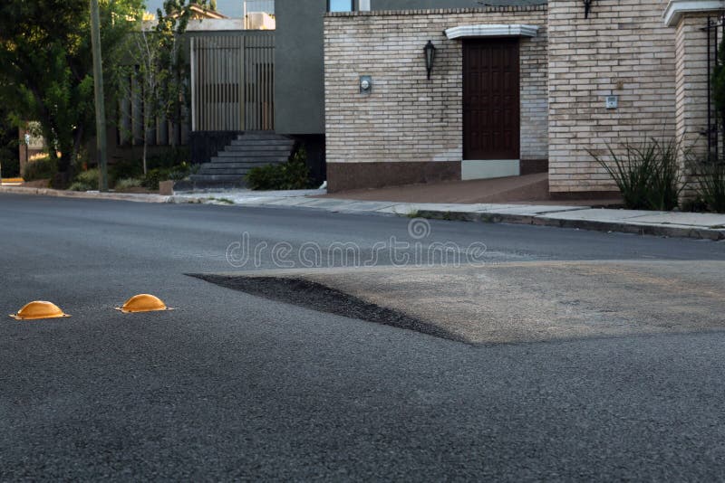 Speed Bump on Asphalt Outdoors. Road Safety Stock Image - Image of ...