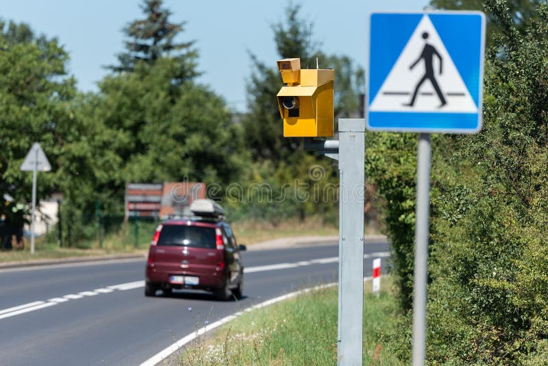 Speed Camera and Pedestrian Crossing Road Sign Stock Photo - Image of ...