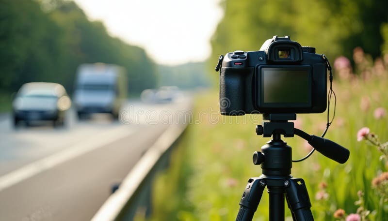 Speed Camera on Tripod by Roadside Capturing Moving Vehicles. Highway ...