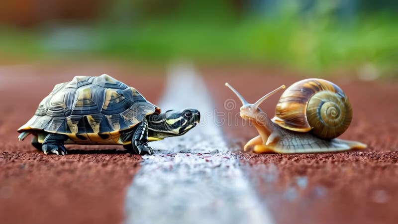 Speed Competition Concept, Cute Turtle and Snail on the Stadium Stock ...