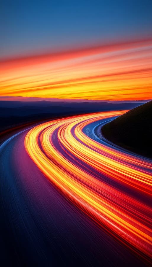 Speed of Data Motion Blurred Lights on Winding Road at Sunset ...