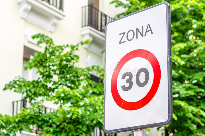 Speed Limit Sign at 30 Km/h in Madrid, Spain Stock Photo - Image of ...