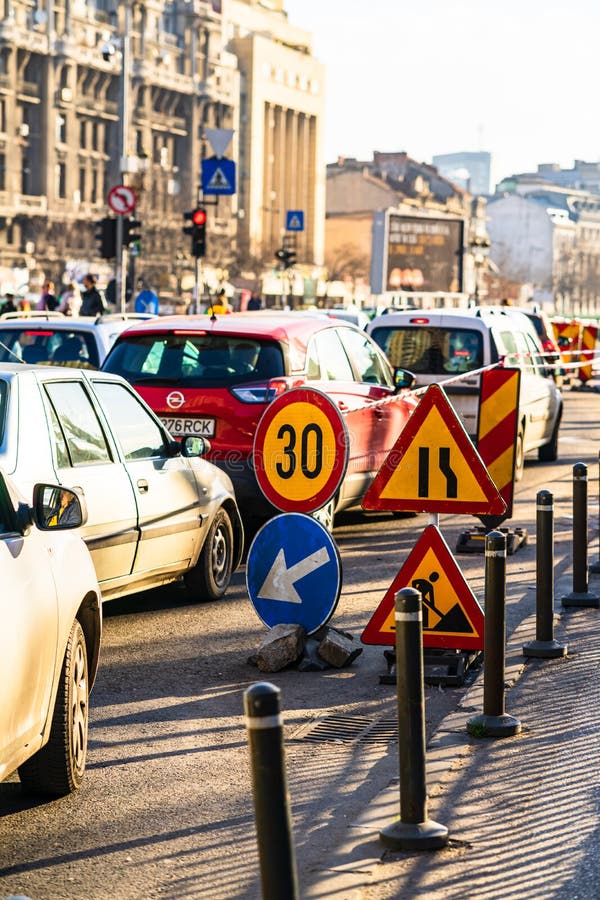 Speed Limit, Warning Road Signs Located in Working Area. Bucharest ...