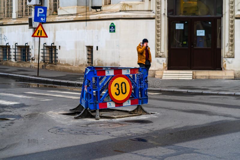 Speed Limit, Warning Road Signs Located in Working Area. Bucharest ...