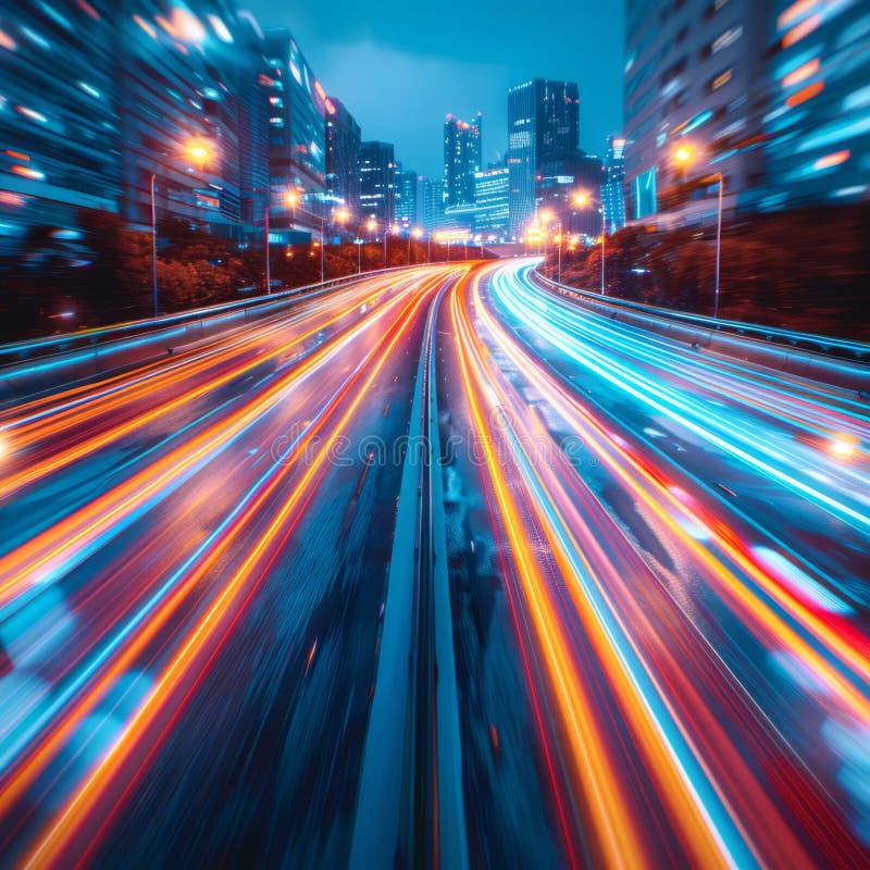 Speed Neon Night Motion on Urban Streets, Light Trail. Stock Photo ...