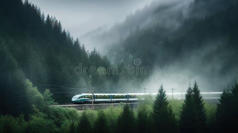 Speed Passenger Train Moving in the Mist Mountains Covered with Forest ...
