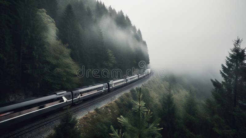 Speed Passenger Train Moving in the Mist Mountains Covered with Forest ...