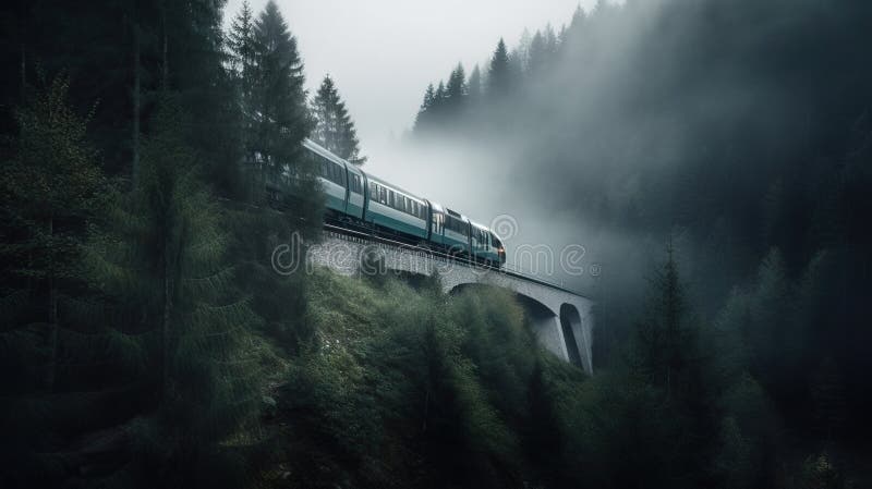 Speed Passenger Train Moving in the Mist Mountains Covered with Forest ...