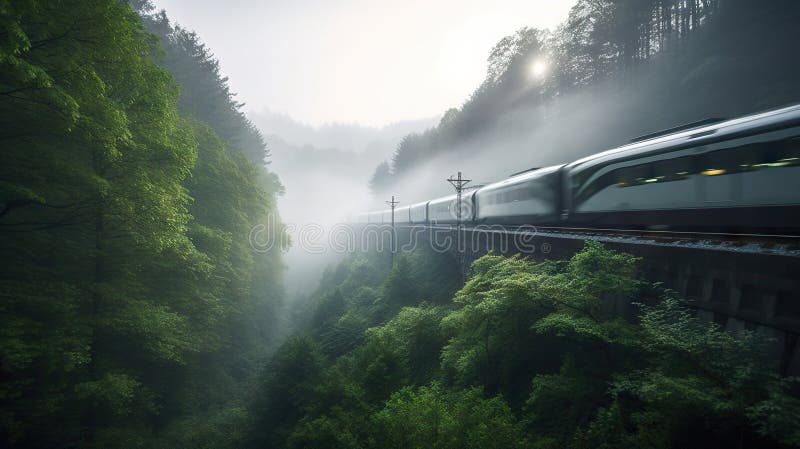 Speed Passenger Train Moving in the Mist Mountains Covered with Forest ...