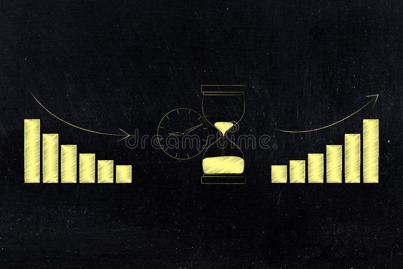 Clock and Hourglass with Graphs Taking Longer or Shorter Time Stock ...