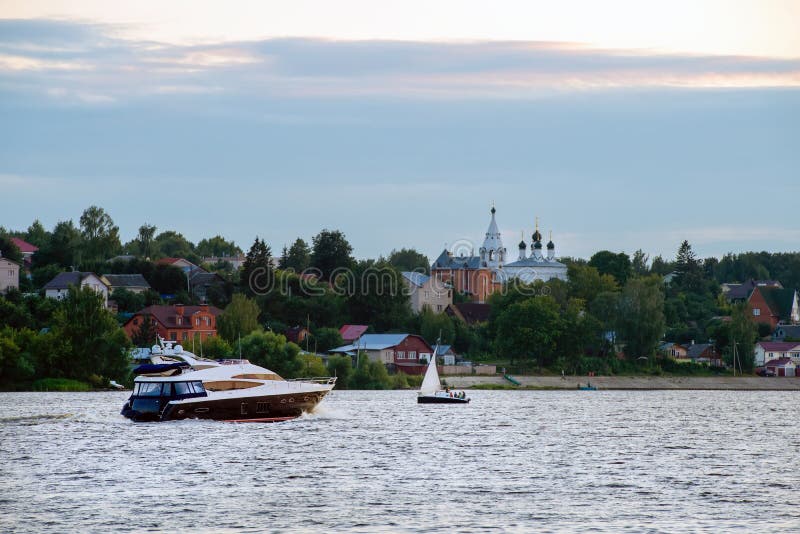 Speedboat and Sailing Boat on the Volga River Stock Image - Image of ...
