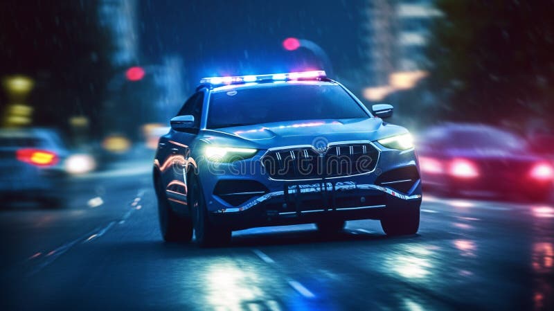 Speeding American Police Car with Blue and Red Lights.motion Blur ...