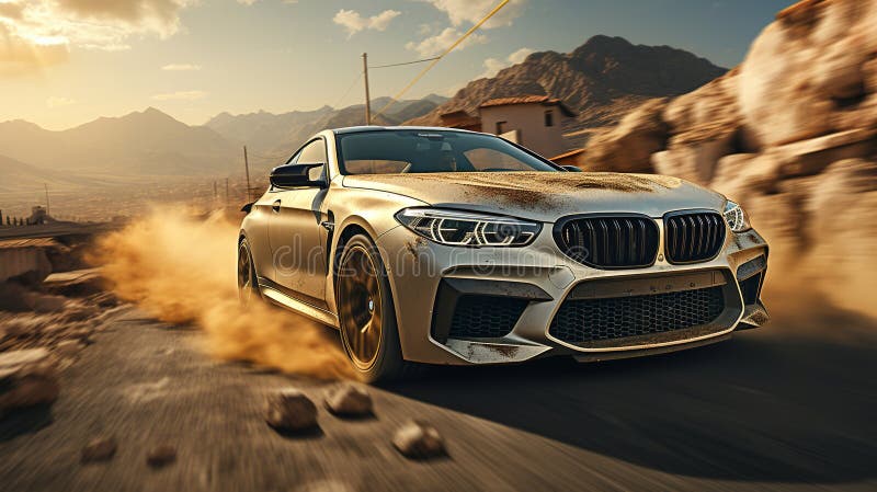 Speeding a Luxury White Car Disintegrating with Dust OnBlurry ...