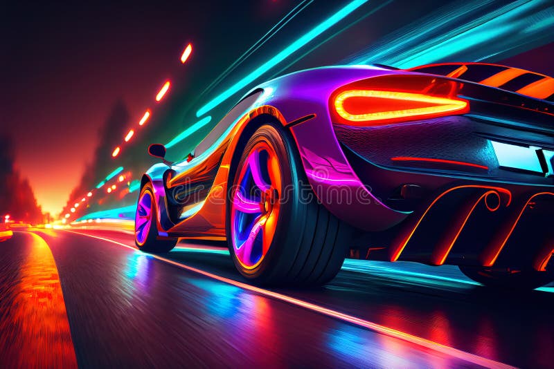 Speeding of a Neon Supercar on a Night Road. 3d Illustration Stock ...