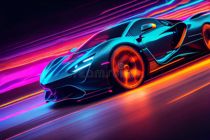 Speeding of a Neon Supercar on a Night Road. 3d Illustration Stock ...