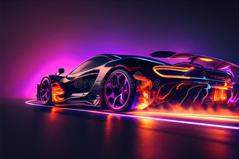 Speeding of a Neon Supercar on a Night Road. 3d Illustration Stock ...